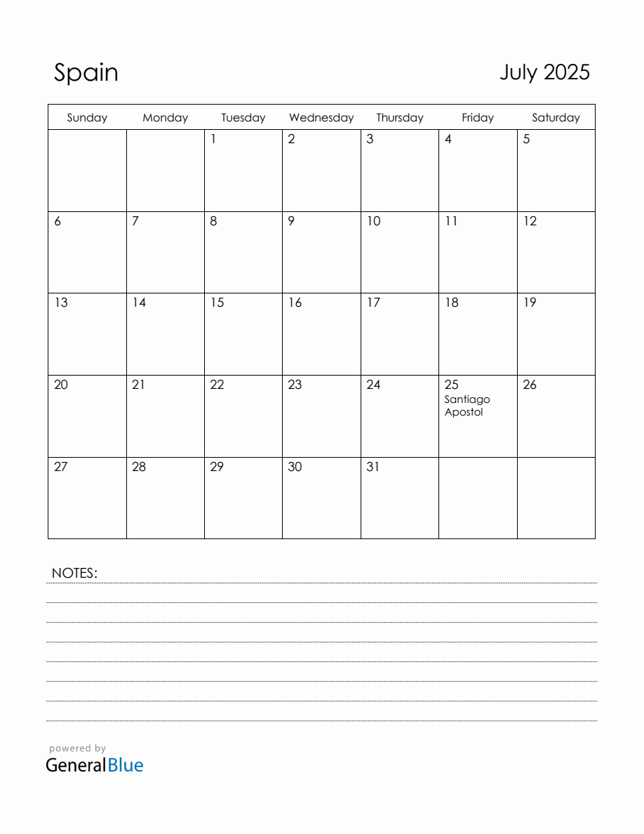 July 2025 Spain Calendar with Holidays