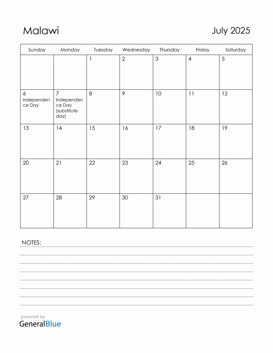 July 2025 Malawi Calendar with Holidays