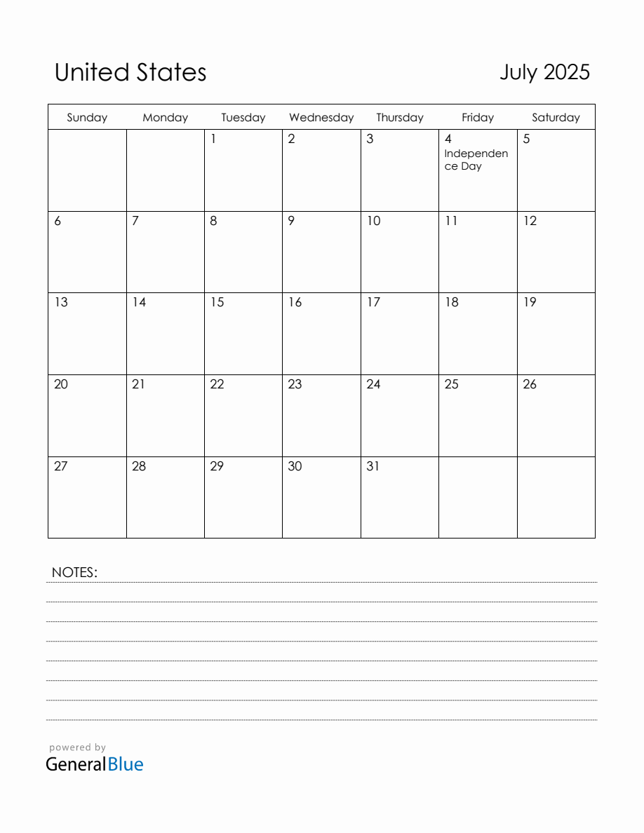 July 2025 United States Calendar with Holidays