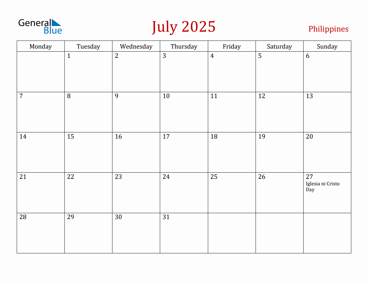 July 2025 Philippines Monthly Calendar with Holidays (Monday Start)