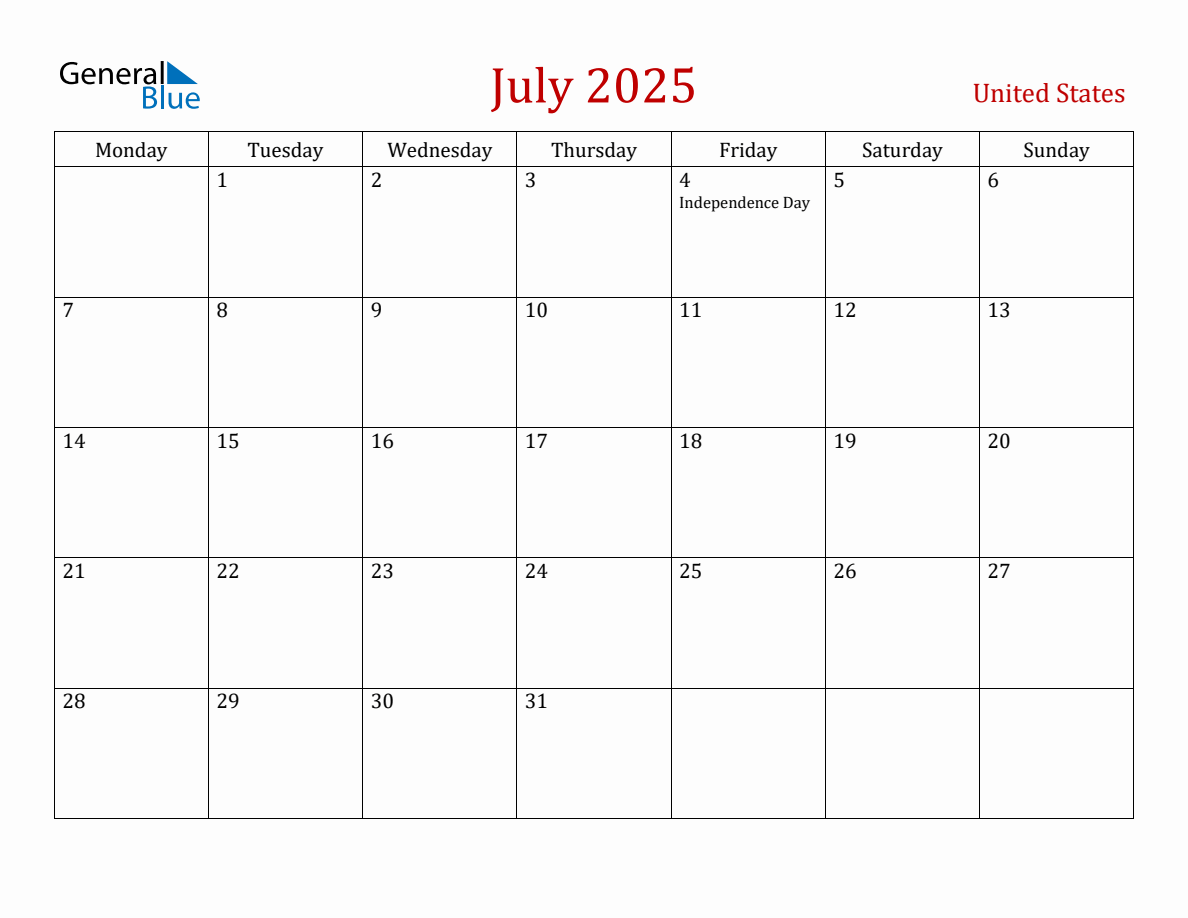 July 2025 United States Monthly Calendar with Holidays (Monday Start)