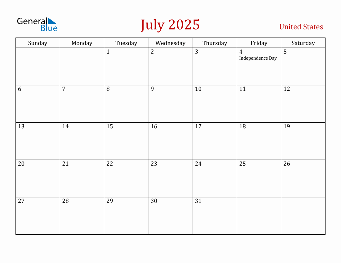 July 2025 United States Monthly Calendar with Holidays