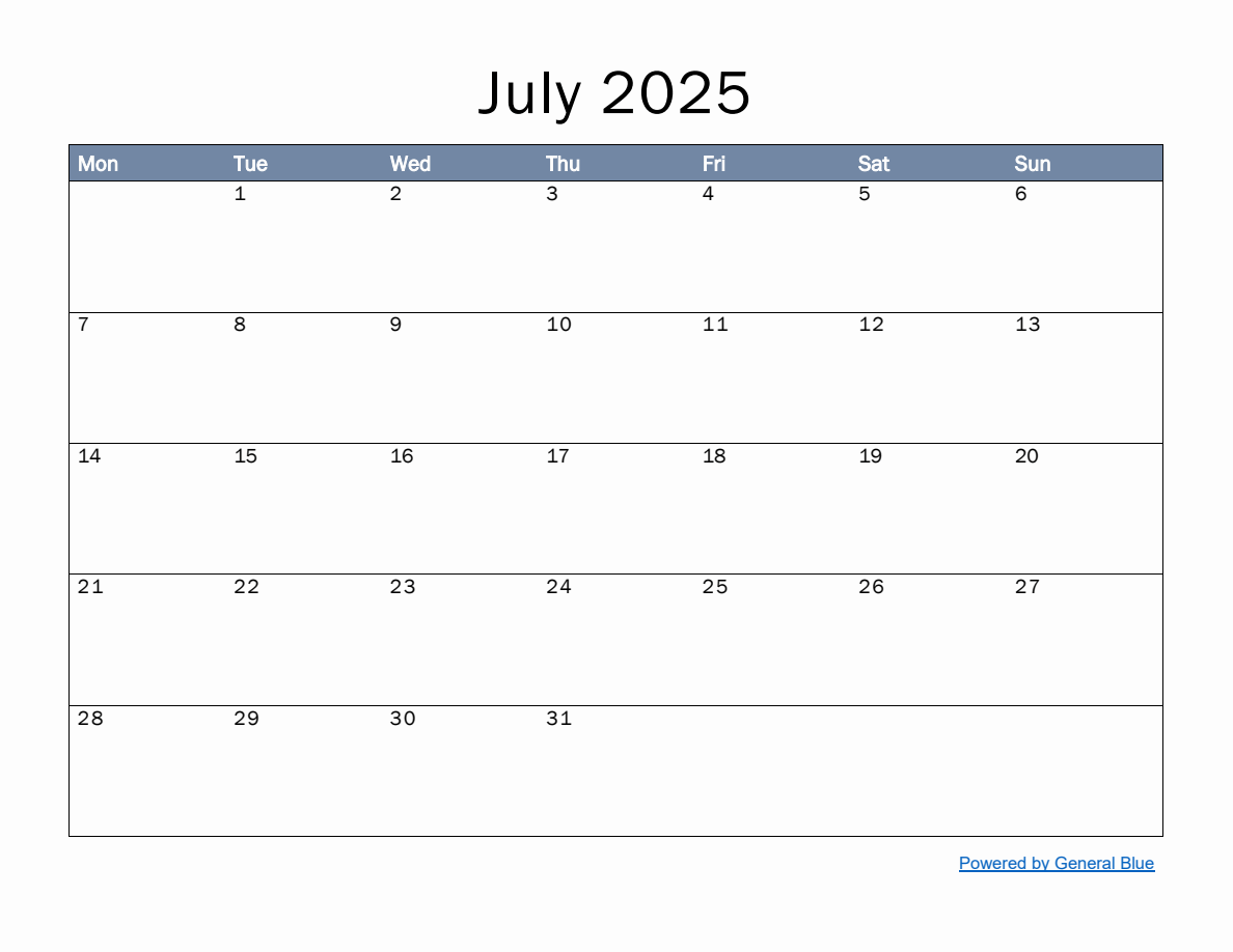 Monthly Calendar Template for July 2025 - Monday Start
