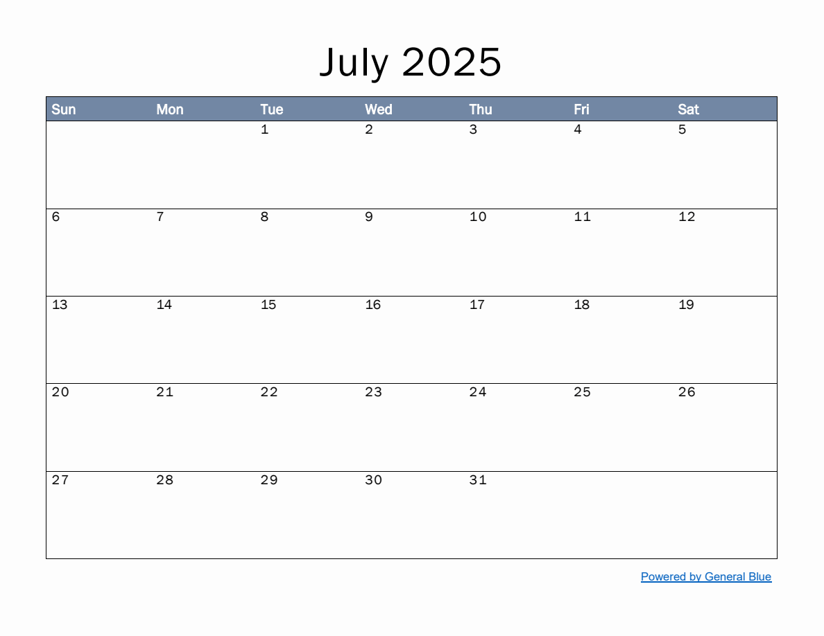 Monthly Calendar Template for July 2025