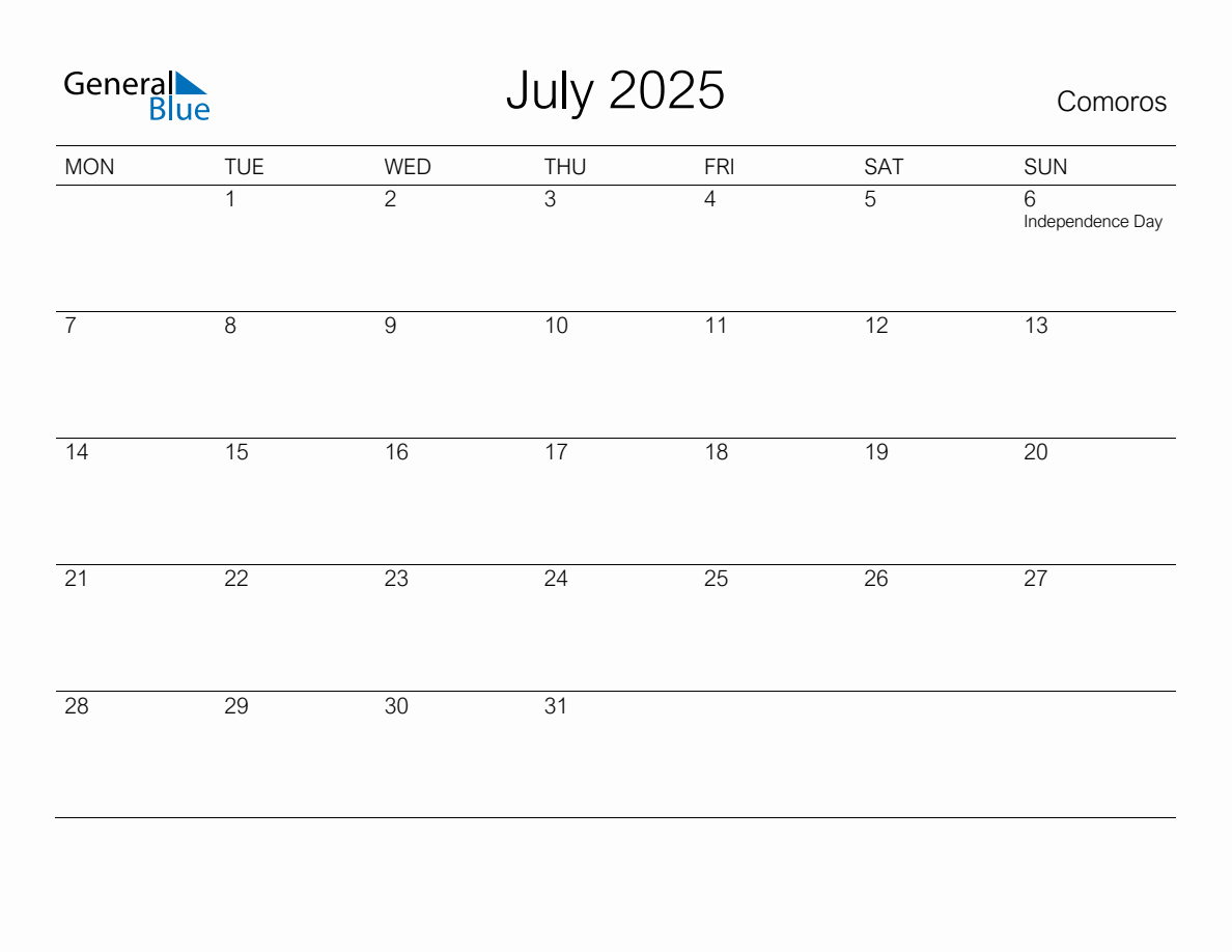 Printable July 2025 Monthly Calendar with Holidays for Comoros (Monday ...
