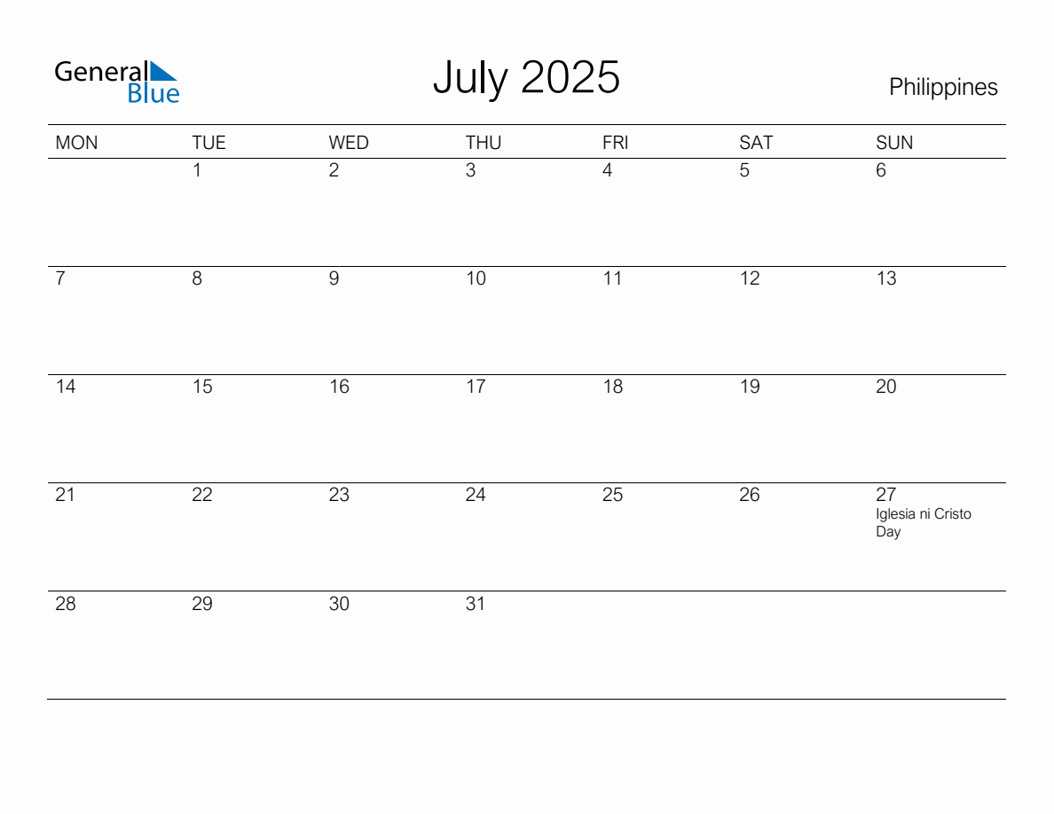 Printable July 2025 Monthly Calendar with Holidays for Philippines ...