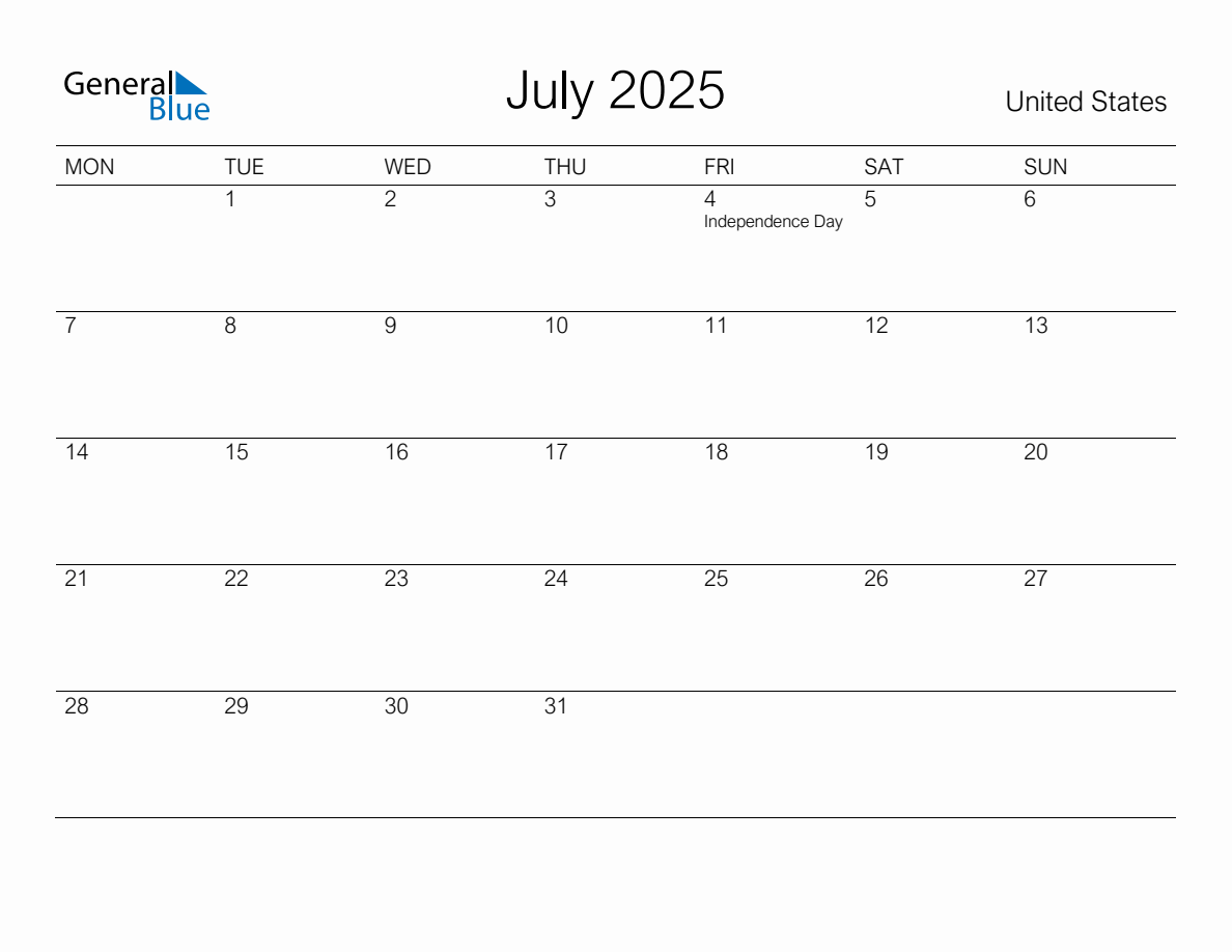 Printable July 2025 Monthly Calendar with Holidays for United States ...