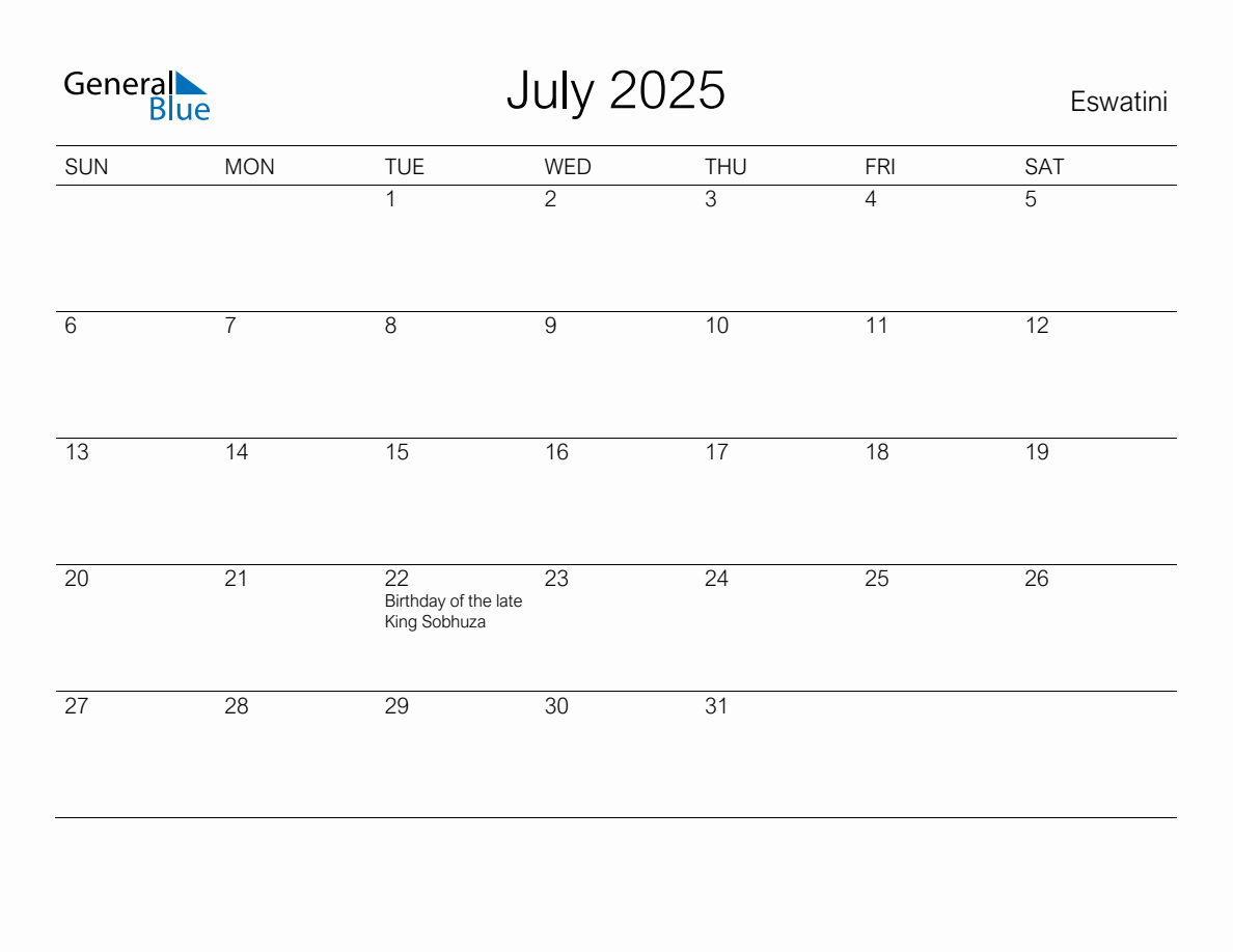 Printable July 2025 Monthly Calendar with Holidays for Eswatini
