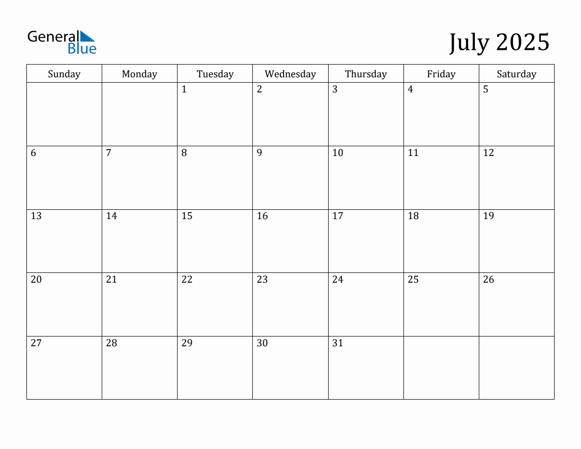 July 2025 Monthly Calendar