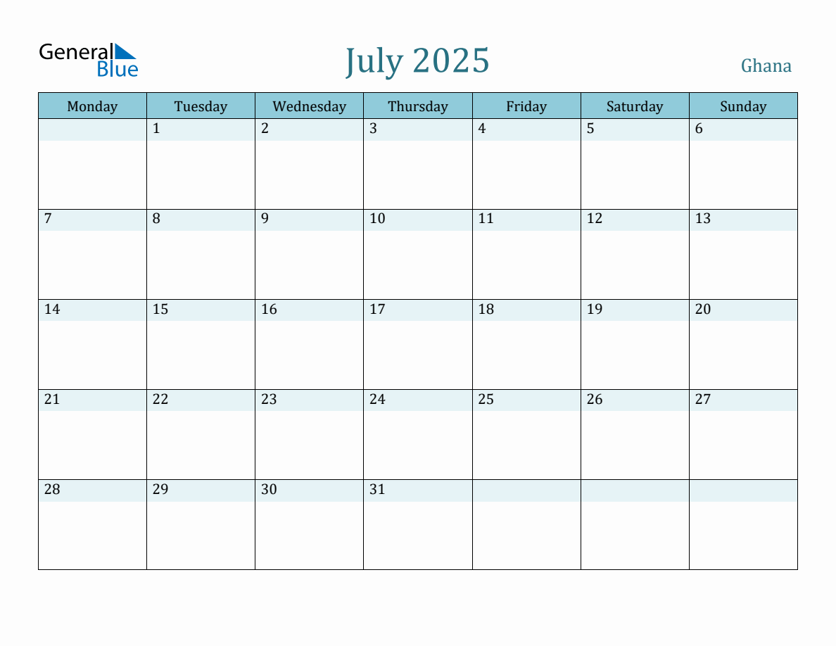 Ghana Holiday Calendar for July 2025 (Monday Start)