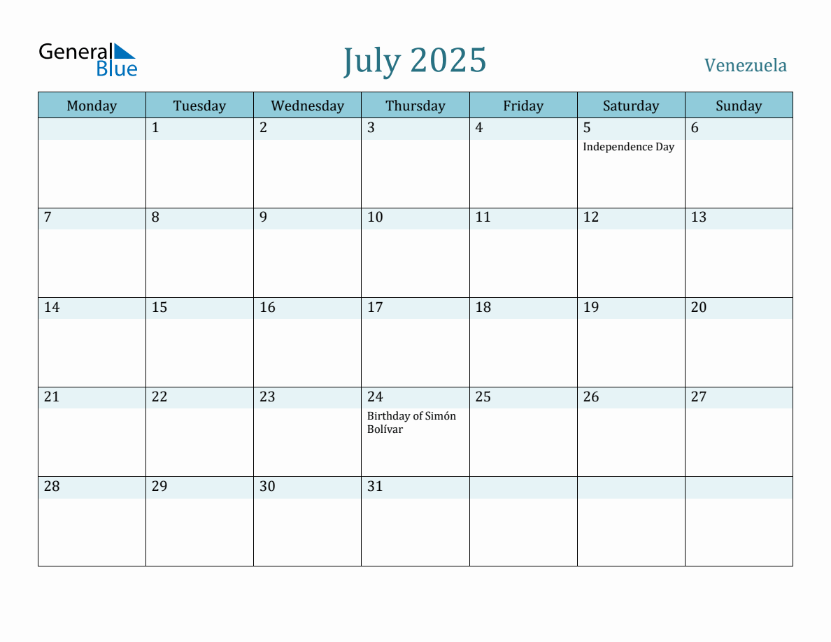 Venezuela Holiday Calendar for July 2025