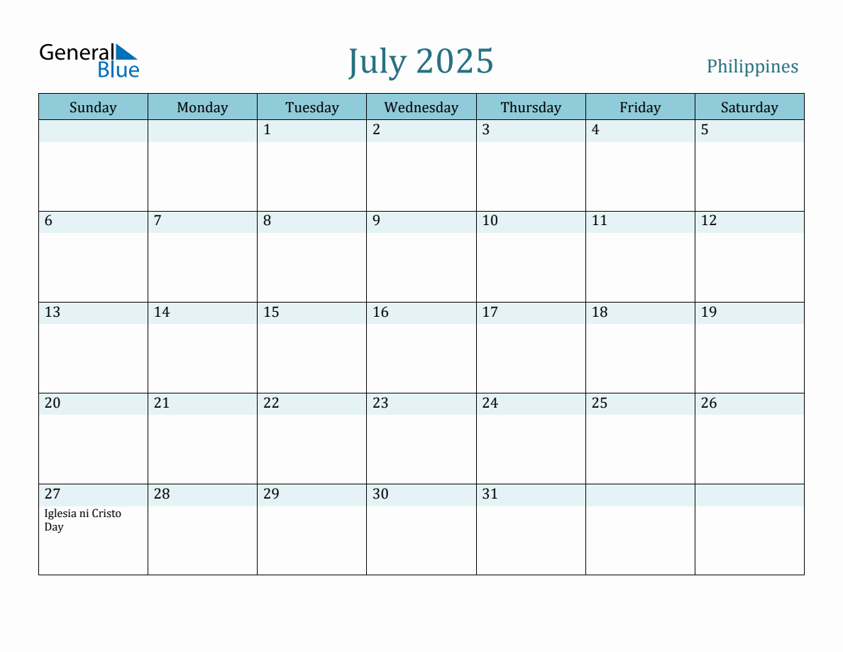Philippines Holiday Calendar for July 2025