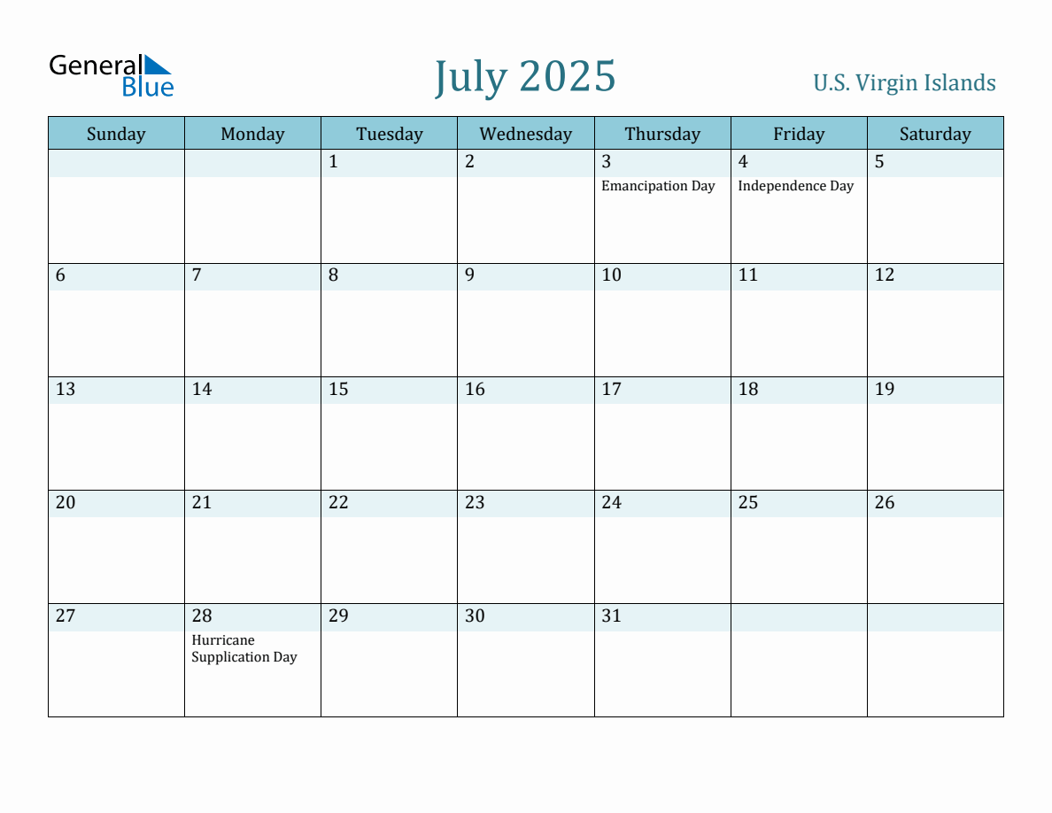 U.S. Virgin Islands Holiday Calendar for July 2025