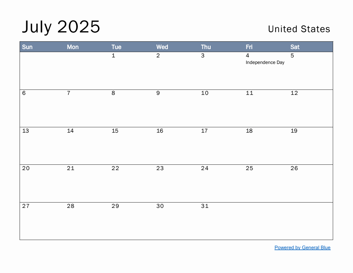 Free Monthly Calendar Template for July 2025 with United States Holidays