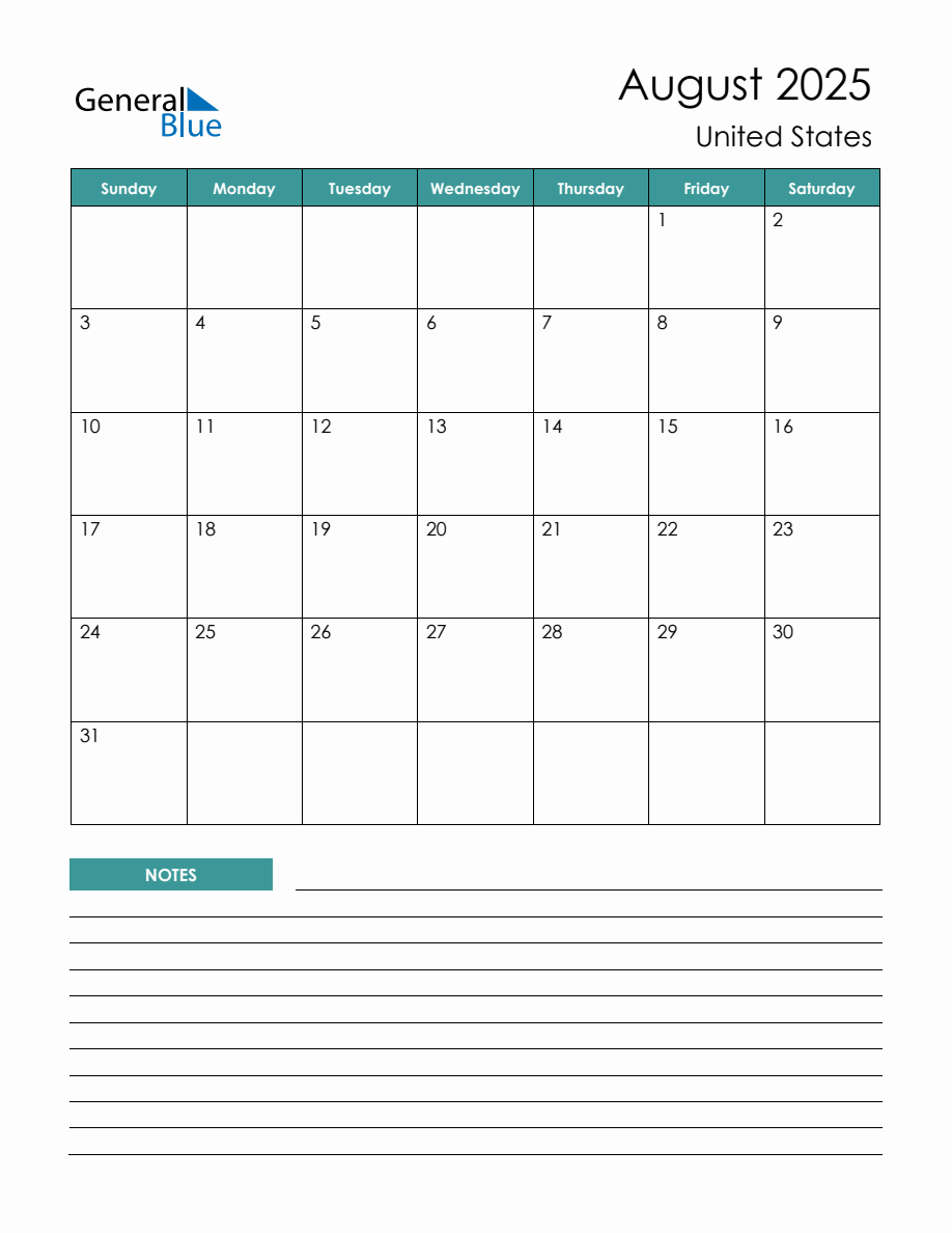 Monthly Planner with United States Holidays - August 2025