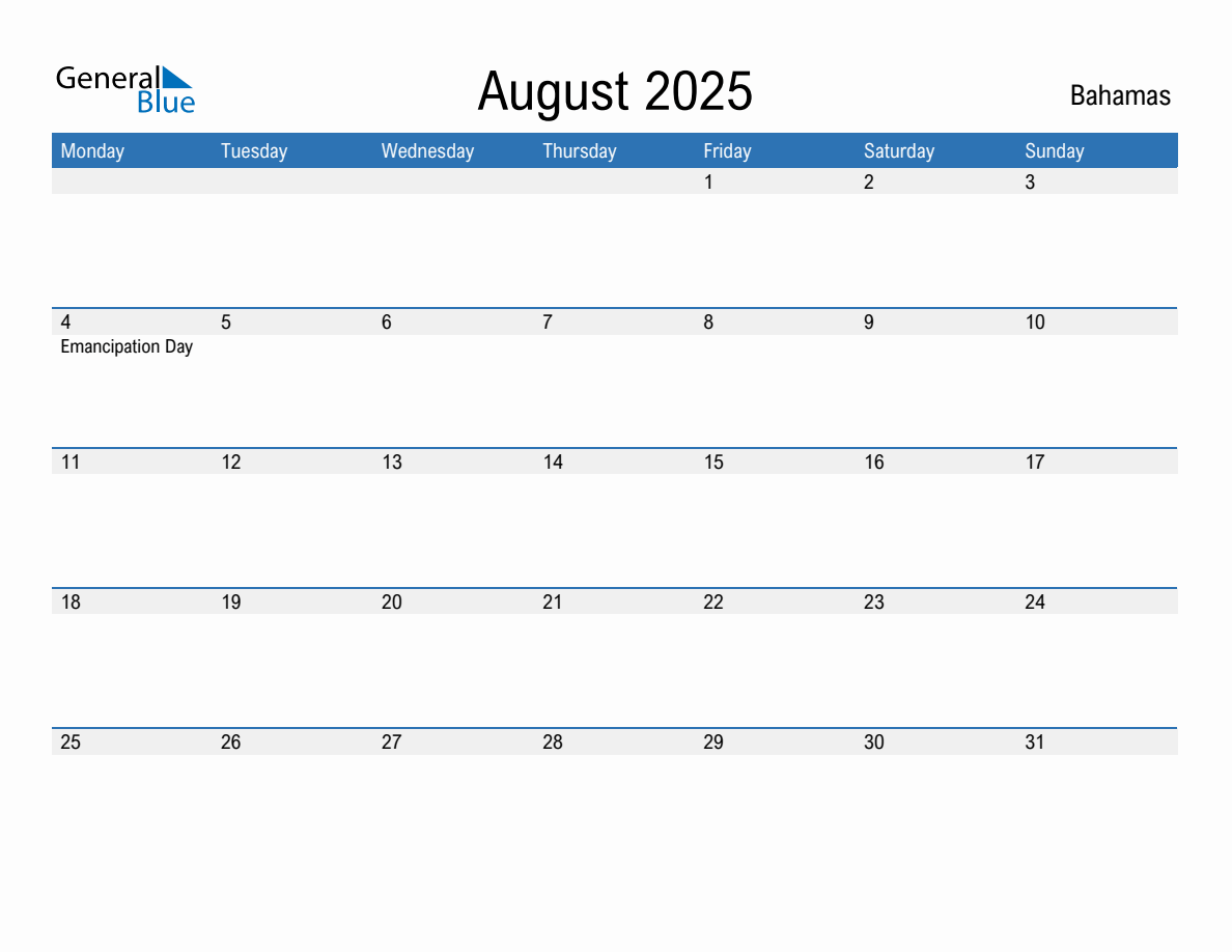 Editable August 2025 Calendar with Bahamas Holidays (Monday Start)