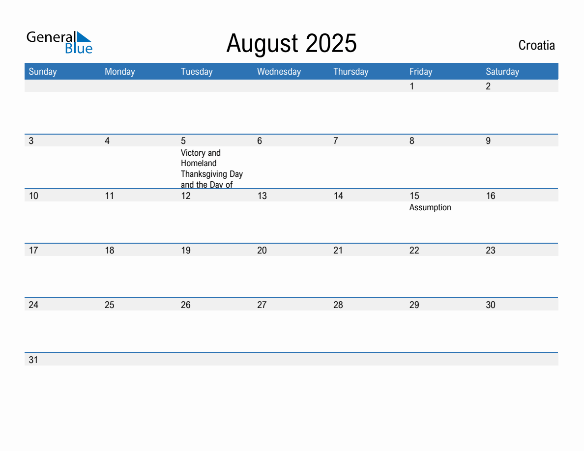 Editable August 2025 Calendar with Croatia Holidays