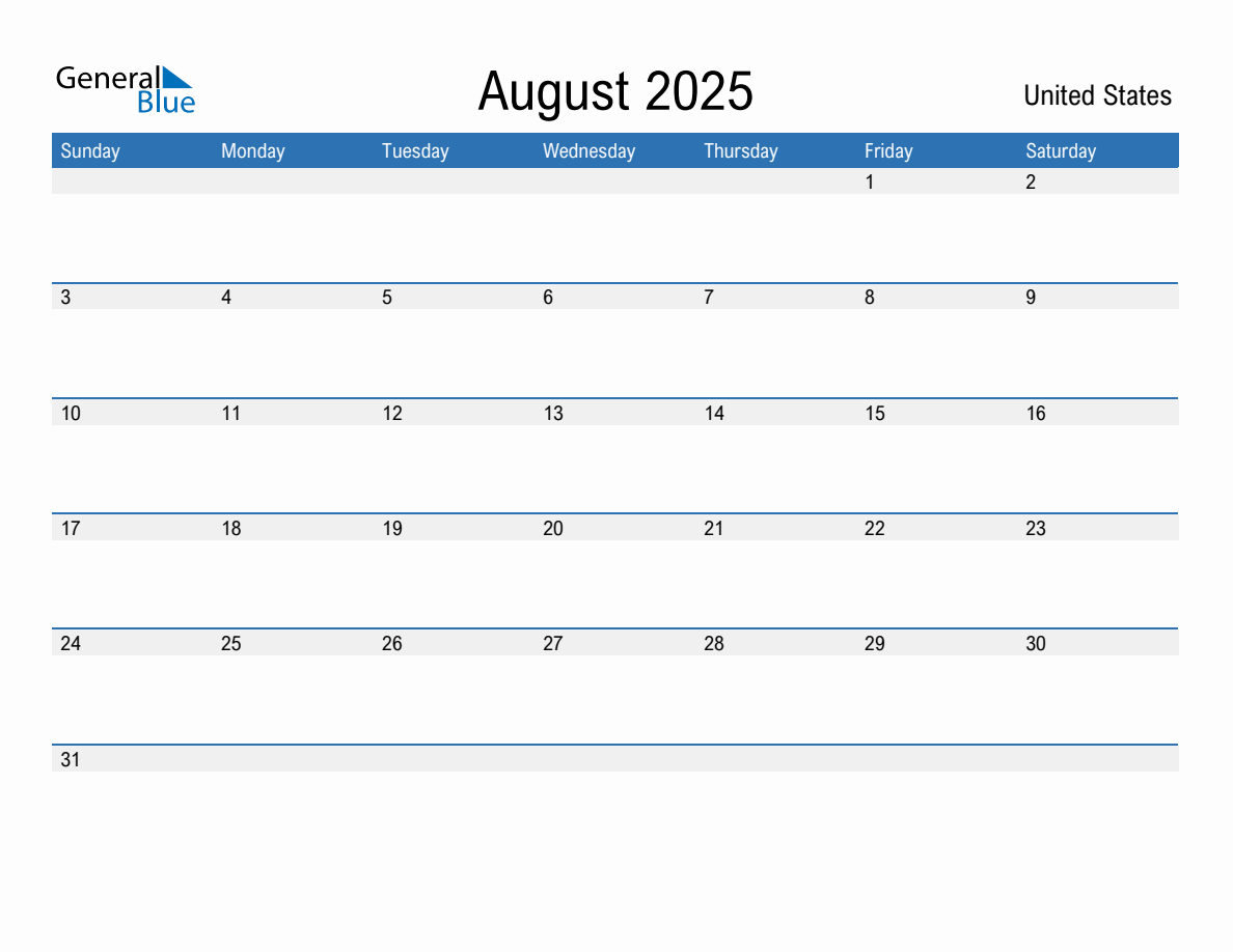 August 2025 Monthly Calendars with United States Holidays