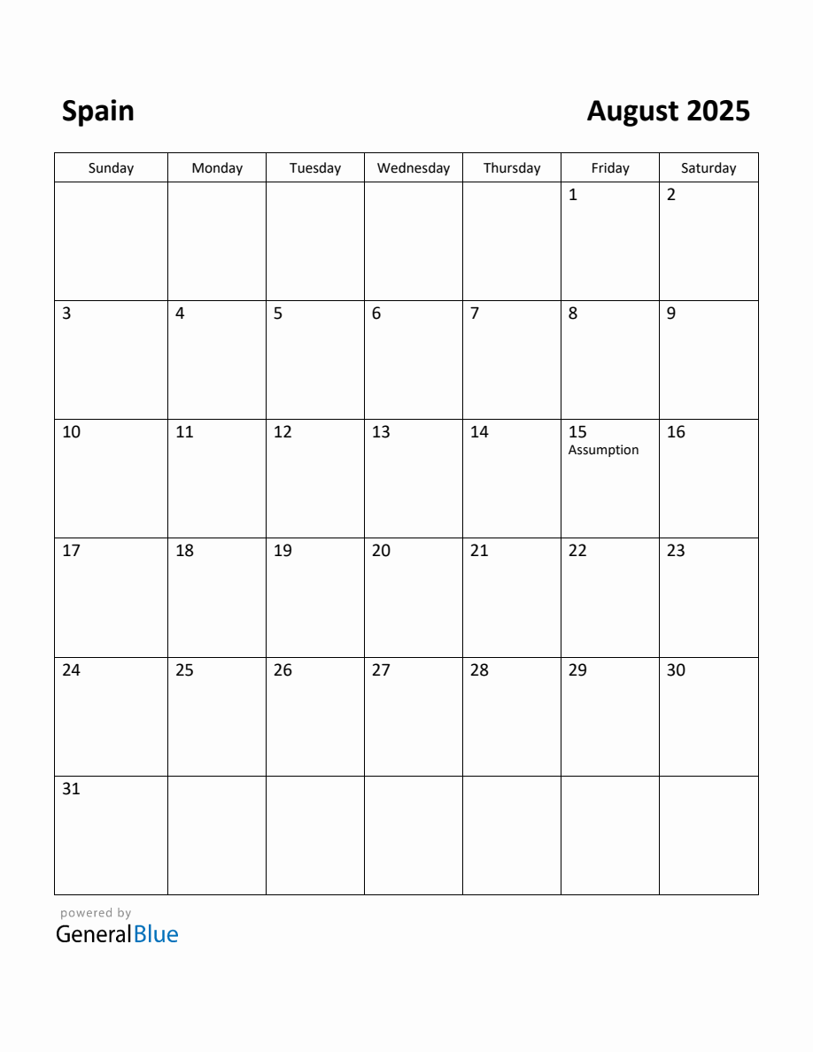 Free Printable August 2025 Calendar for Spain