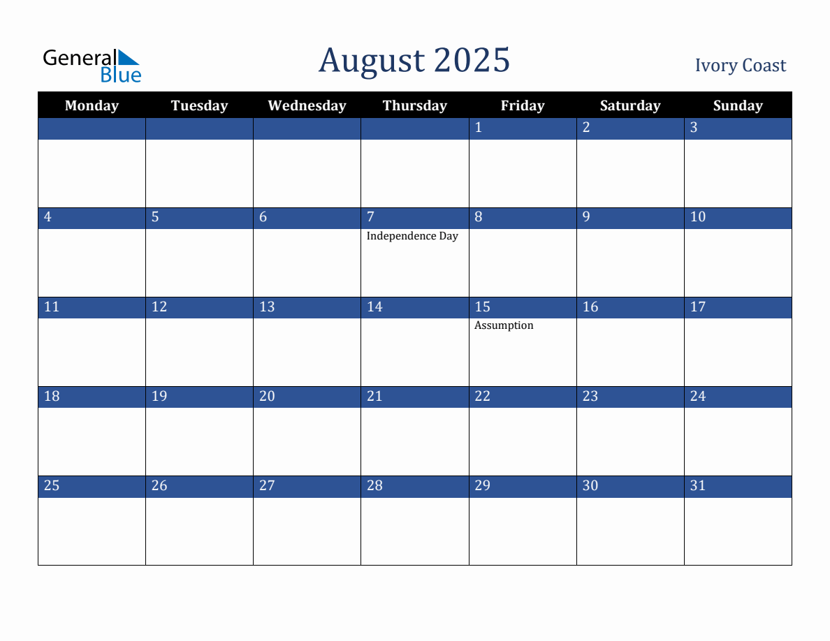 August 2025 Ivory Coast Holiday Calendar (Monday Start)