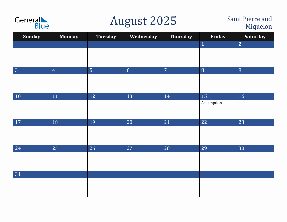 August 2025 Saint Pierre and Miquelon Holiday Calendar