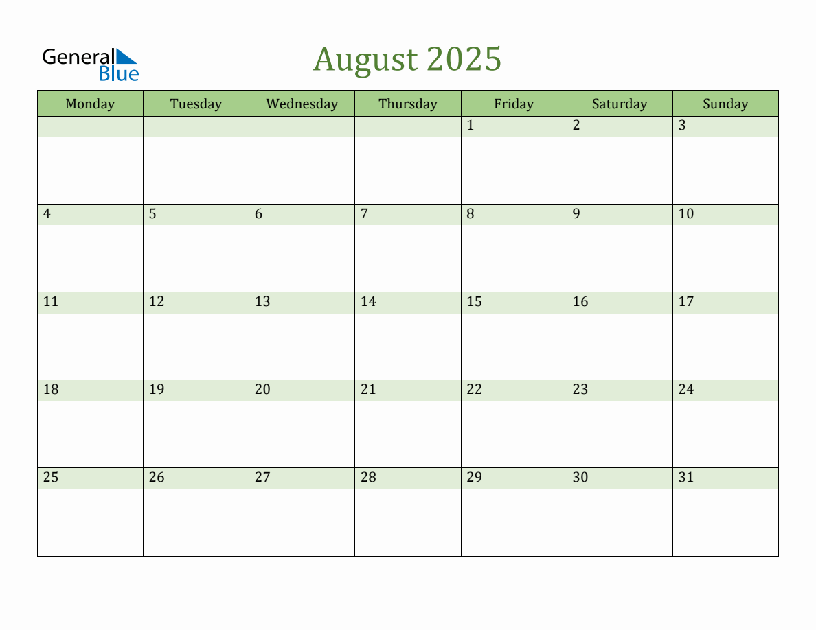 Fillable August 2025 Calendar - Monday Start