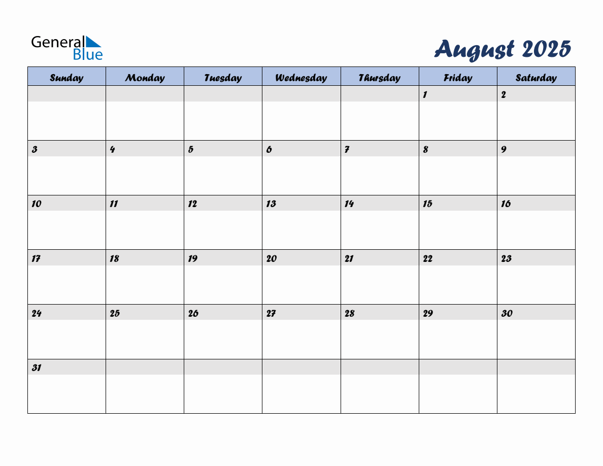 Free August 2025 Monthly Editable Calendar