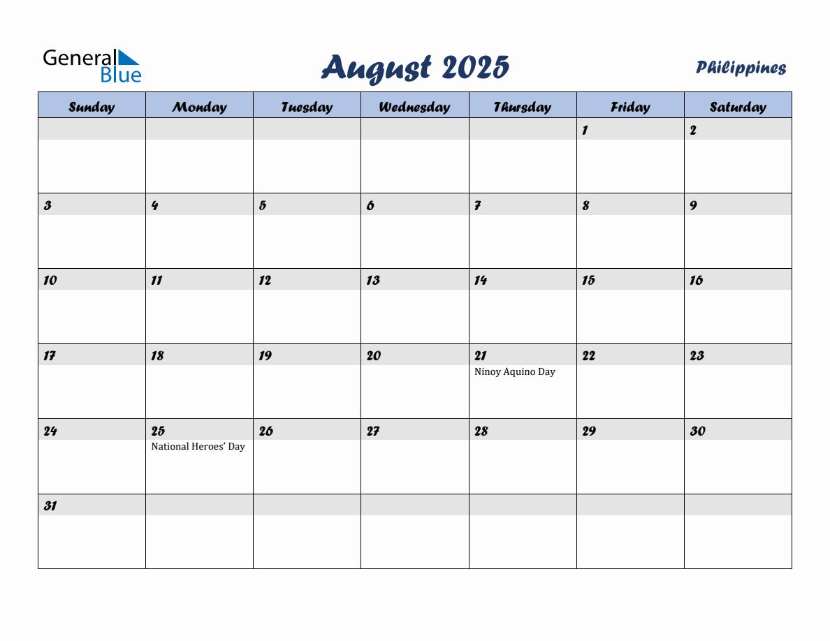 August 2025 Monthly Calendar Template with Holidays for Philippines