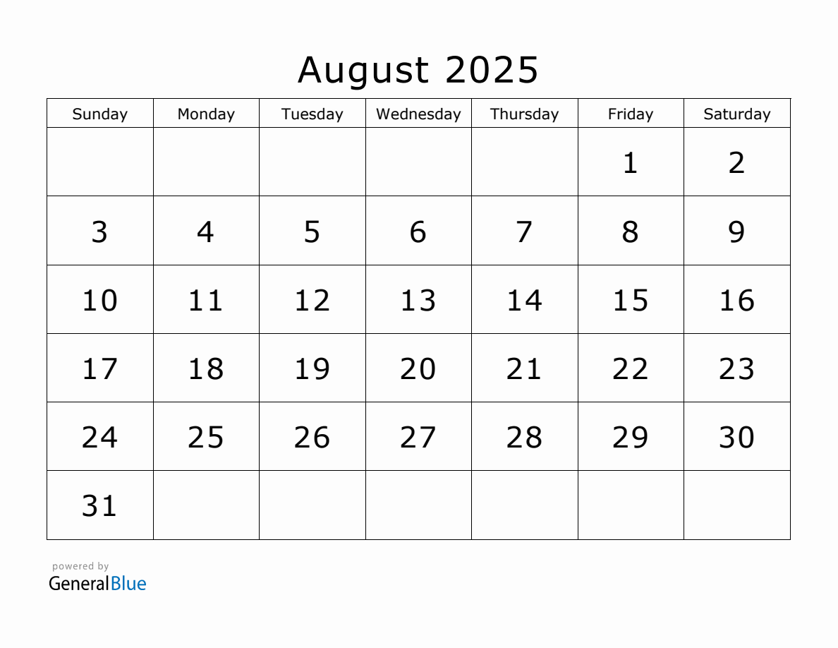 Printable August 2025 Calendar