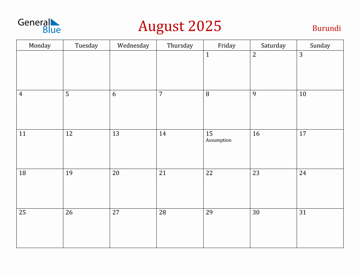 August 2025 Burundi Monthly Calendar with Holidays