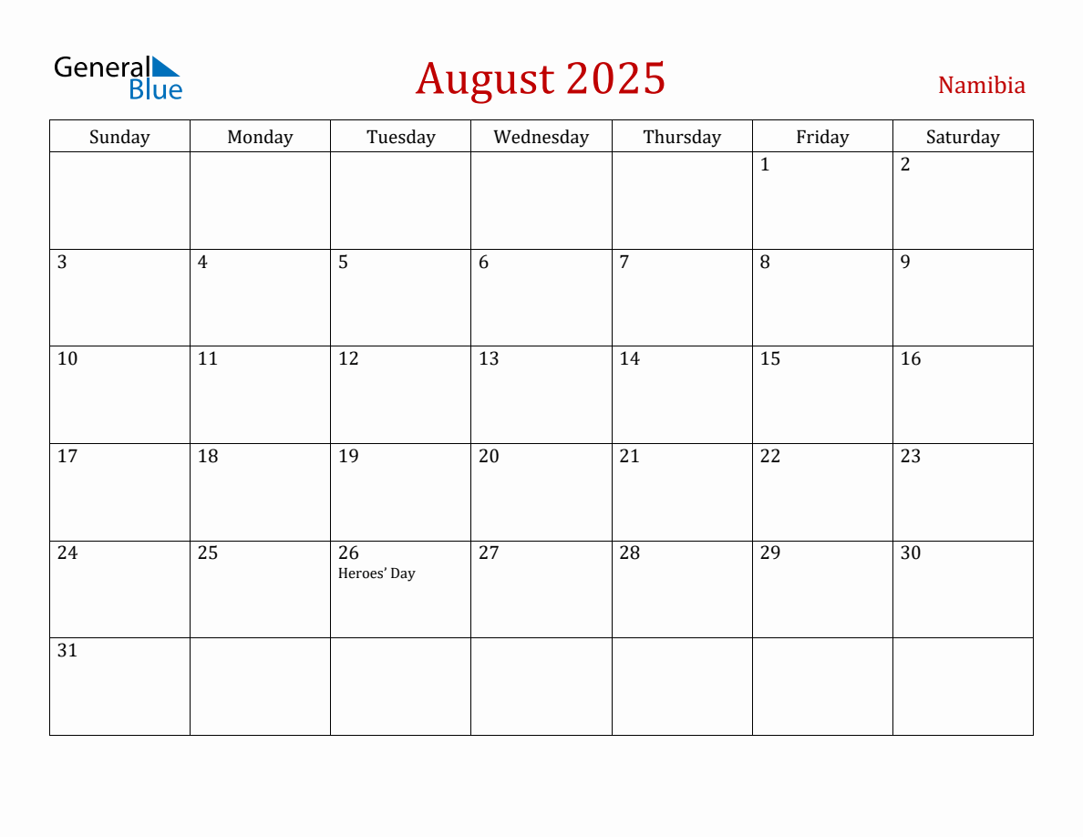 August 2025 Namibia Monthly Calendar with Holidays