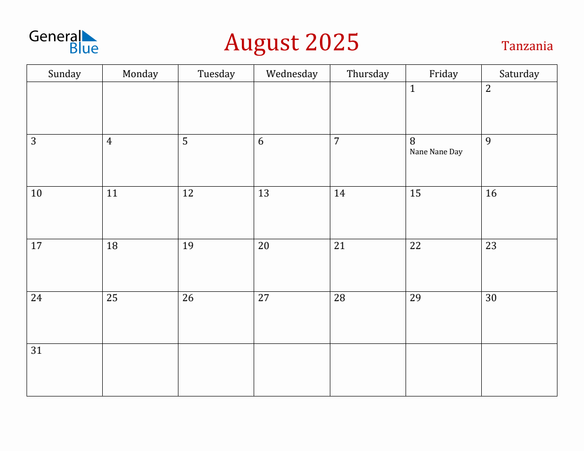 August 2025 Tanzania Monthly Calendar with Holidays