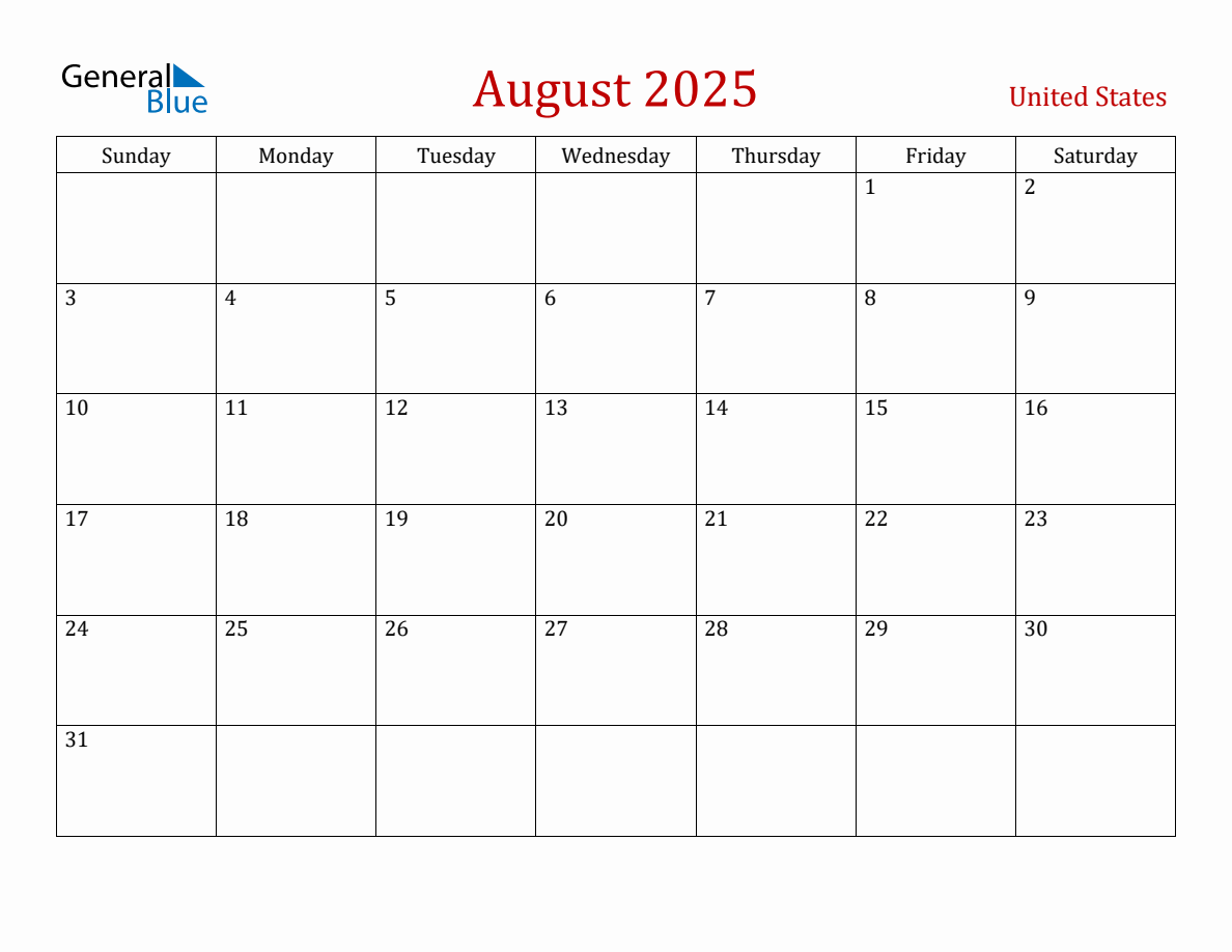 August 2025 United States Monthly Calendar with Holidays