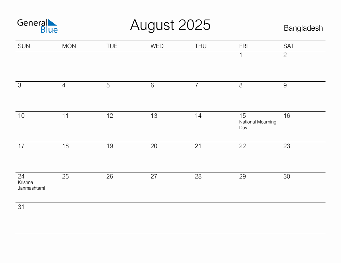 Printable August 2025 Monthly Calendar with Holidays for Bangladesh