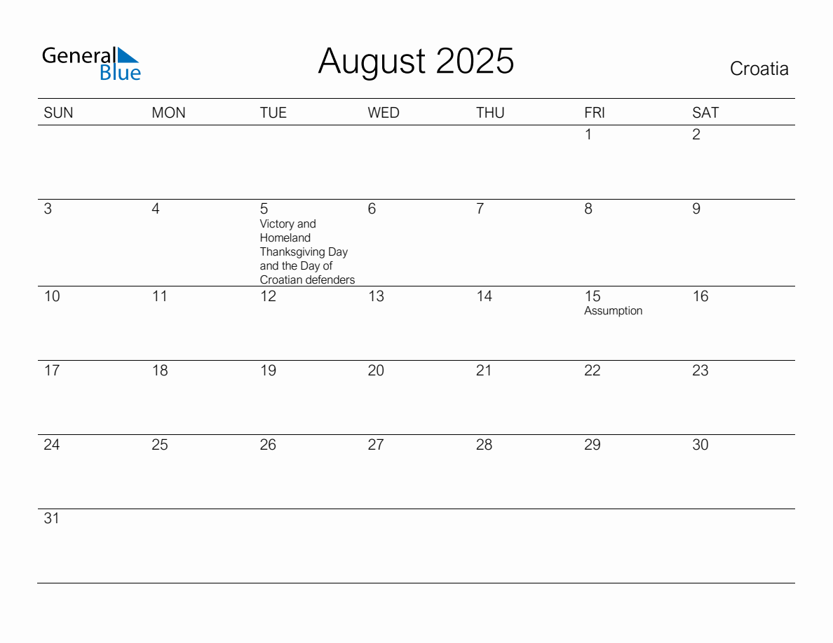Printable August 2025 Monthly Calendar with Holidays for Croatia