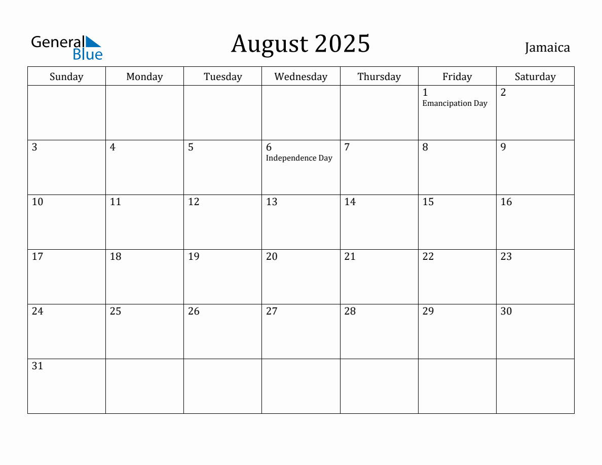 August 2025 Monthly Calendar with Jamaica Holidays