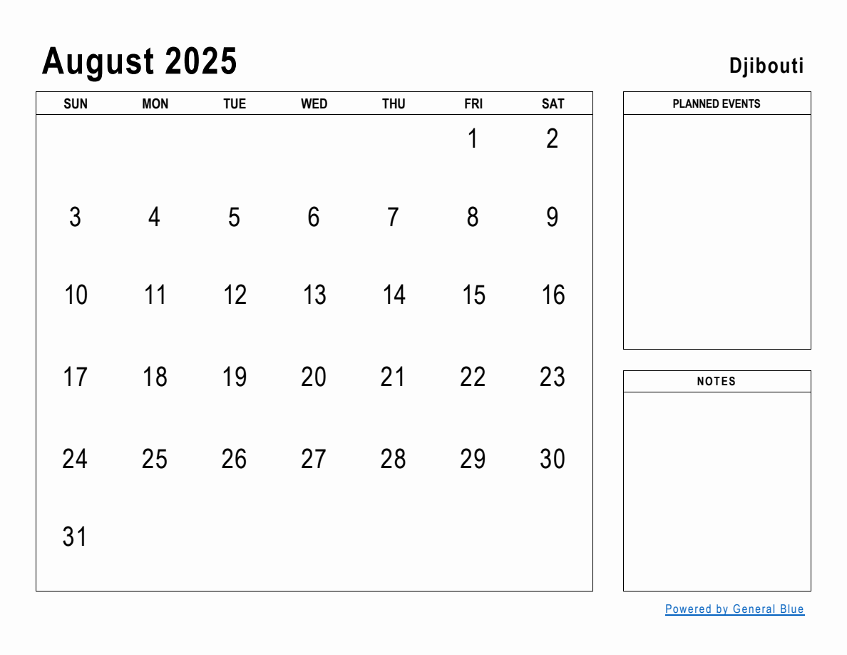 August 2025 Planner with Djibouti Holidays