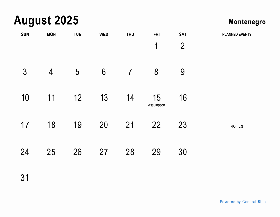 August 2025 Planner with Montenegro Holidays
