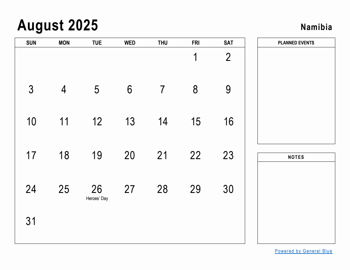 August 2025 Planner with Namibia Holidays