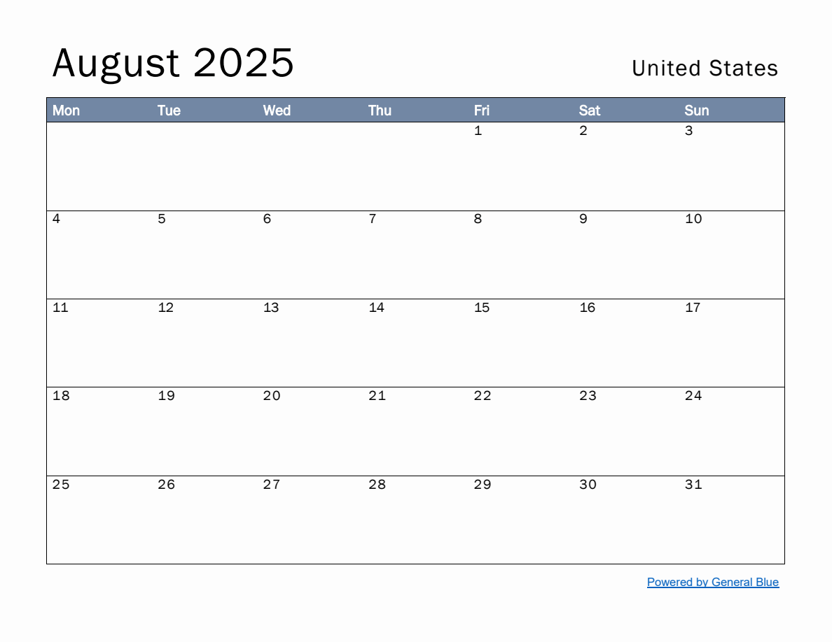 Free Monthly Calendar Template for August 2025 with United States ...