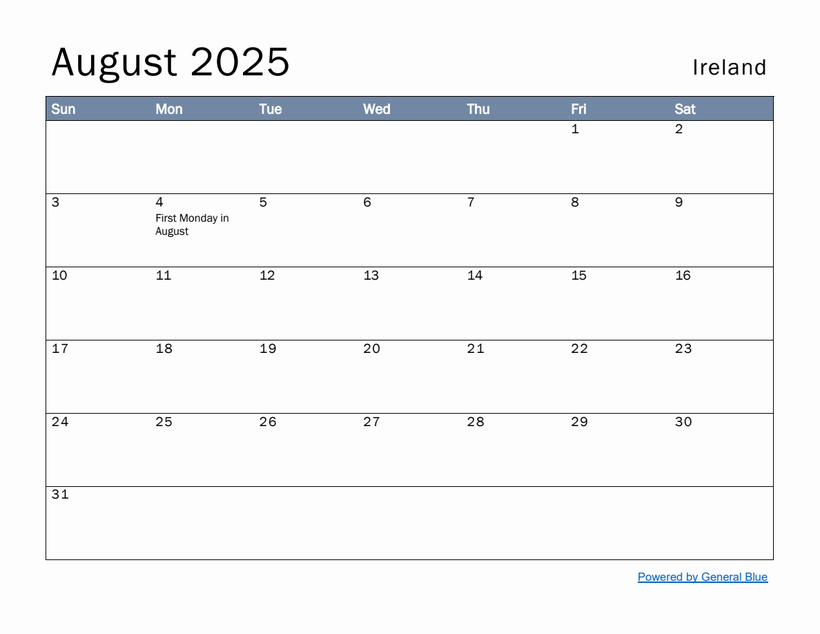 Free Monthly Calendar Template for August 2025 with Ireland Holidays
