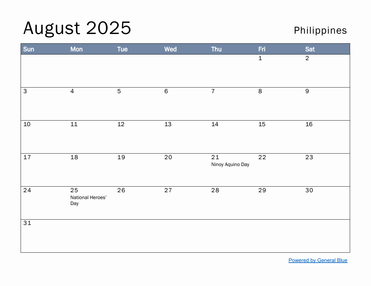 Free Monthly Calendar Template for August 2025 with Philippines Holidays