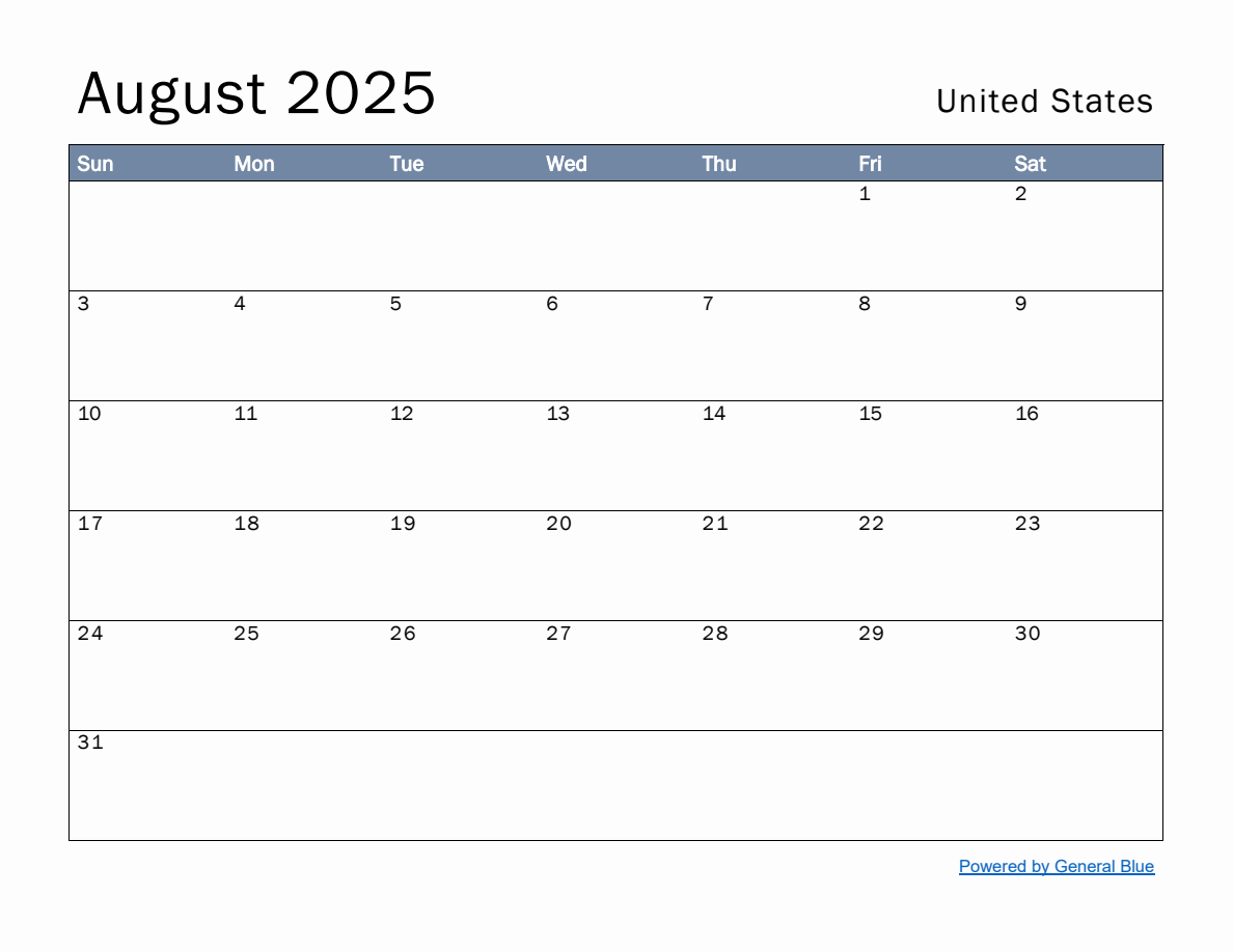 Free Monthly Calendar Template for August 2025 with United States Holidays