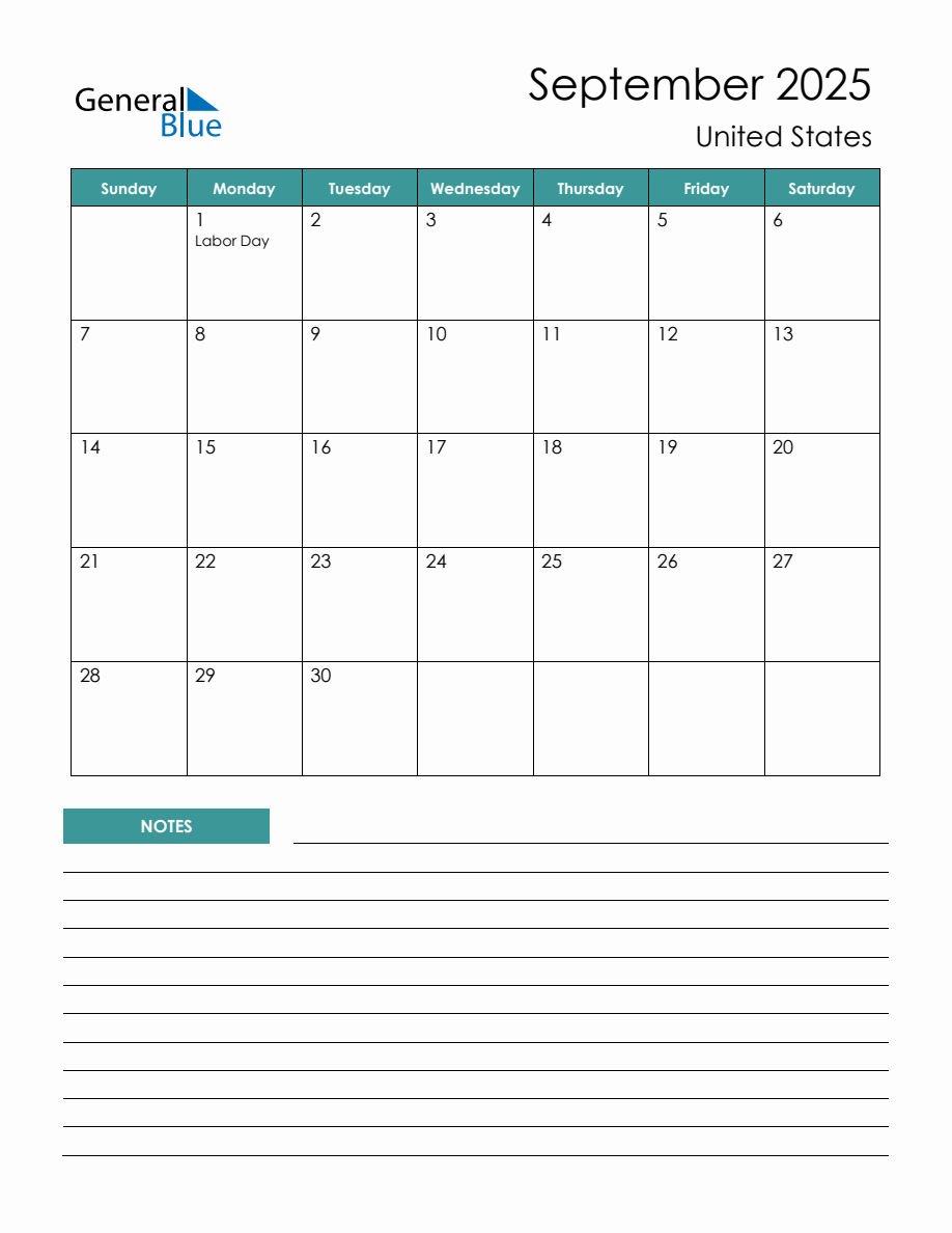 Monthly Planner with United States Holidays - September 2025