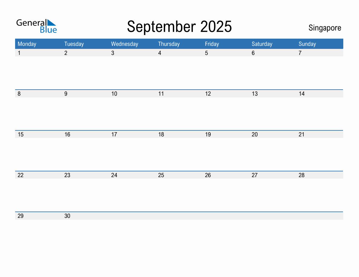 Editable September 2025 Calendar with Singapore Holidays (Monday Start)