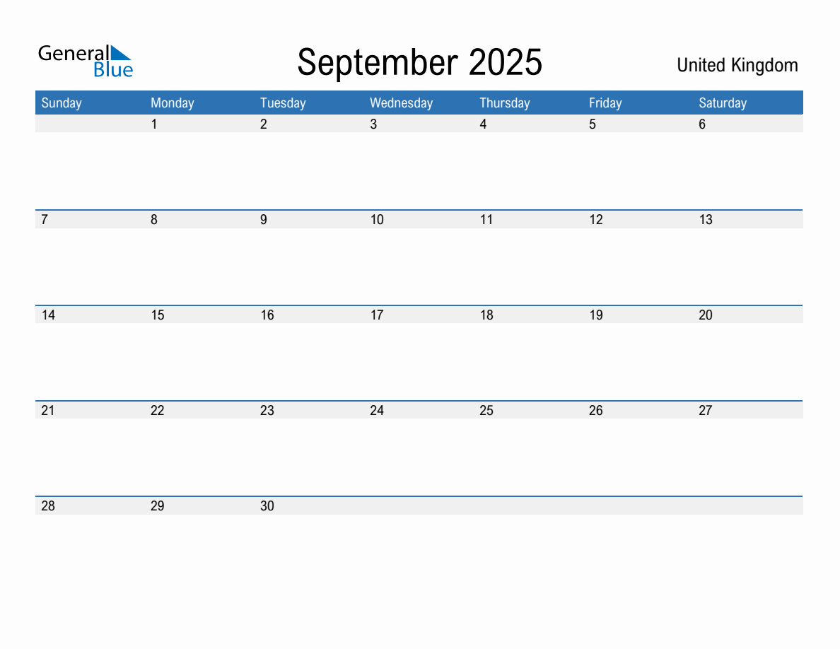 Editable September 2025 Calendar with United Kingdom Holidays