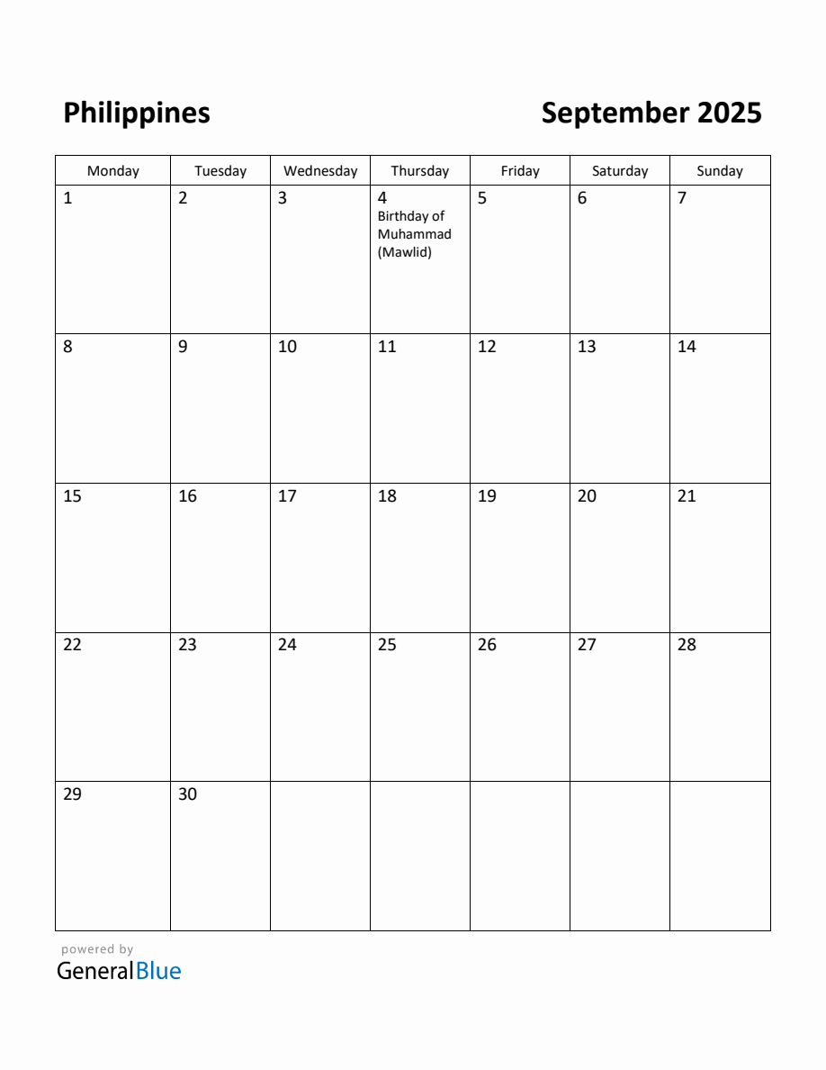 Free Printable September 2025 Calendar for Philippines (Monday Start)