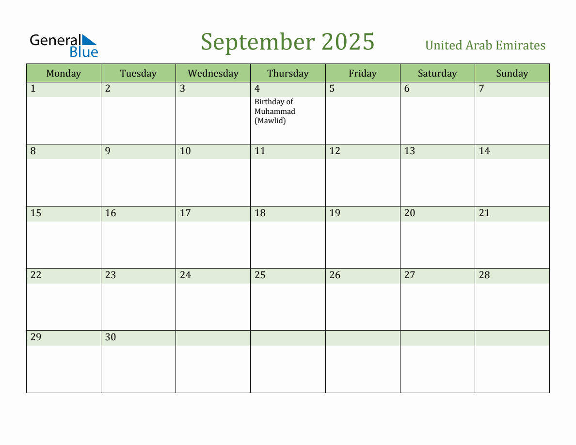 Fillable Holiday Calendar for United Arab Emirates - September 2025 ...