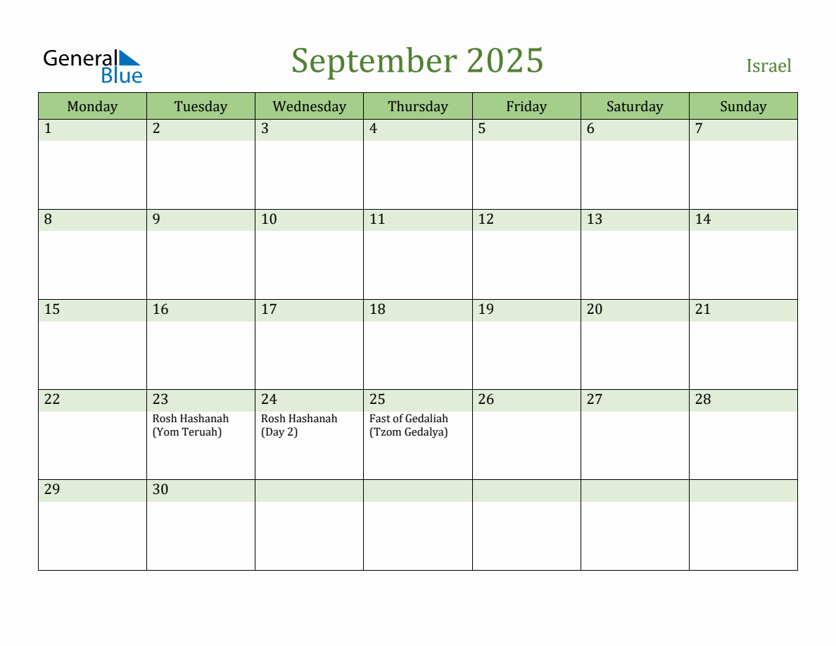 Fillable Holiday Calendar for Israel - September 2025 (Monday Start)