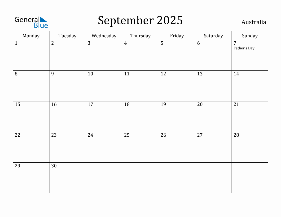 September 2025 Monthly Calendar with Australia Holidays (Monday Start)